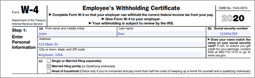 2020 W-4 Form - Federal Withholding